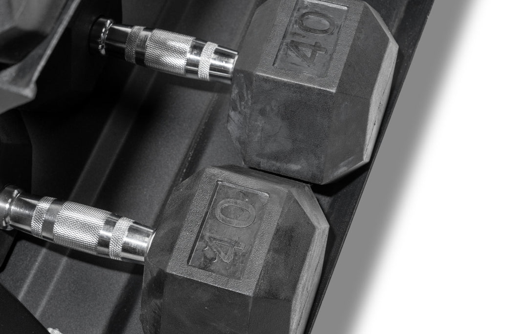 5-50 Rubber Hex Dumbbell Set with 4' Storage Rack - Torque Fitness