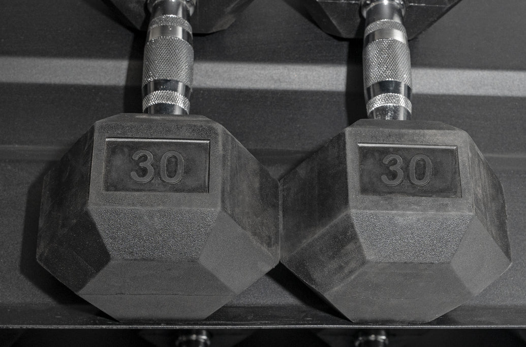 5-50 Rubber Hex Dumbbell Set with 4' Storage Rack - Torque Fitness
